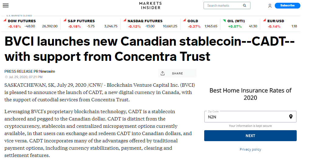 BVCI推出新的加拿大合规稳定币CADT