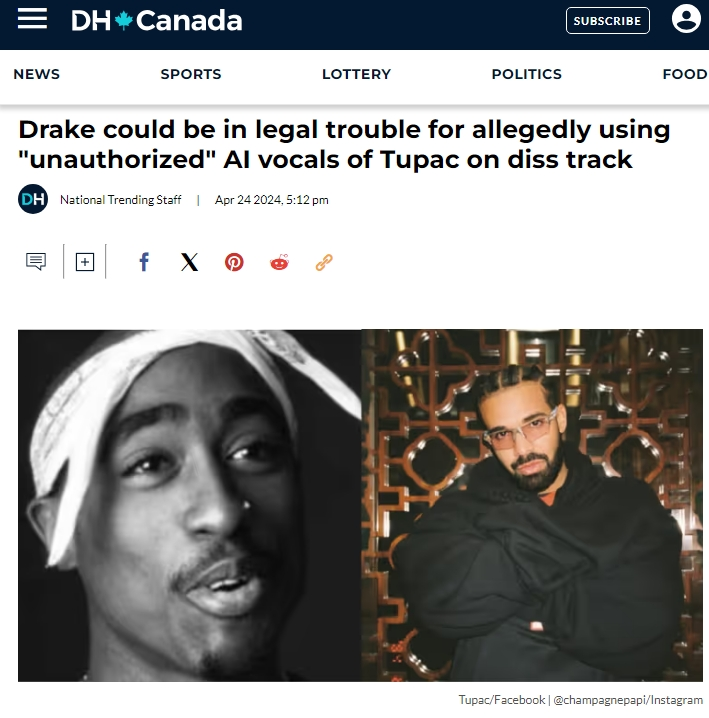 多伦多巨星Drake用AI惹祸上身！新歌被勒令24小时下架！